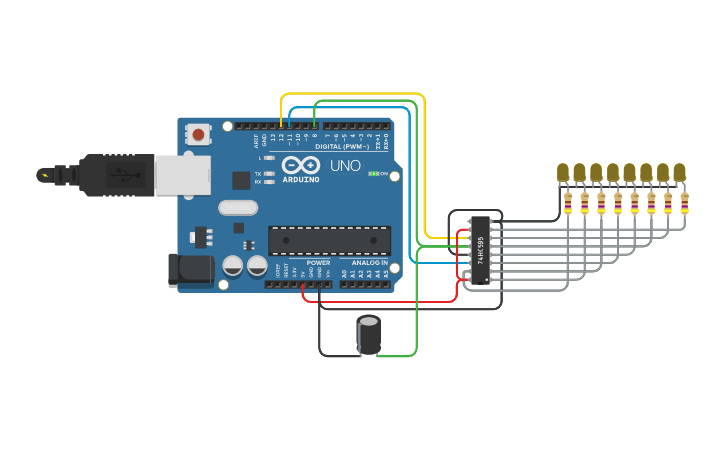 Circuit design Binary Counter with Shif Register 74HC595 | Tinkercad