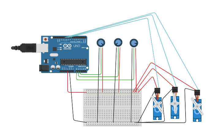 Circuit design amazing arduino- 3 servo control with 3 potentometer - Tinkercad
