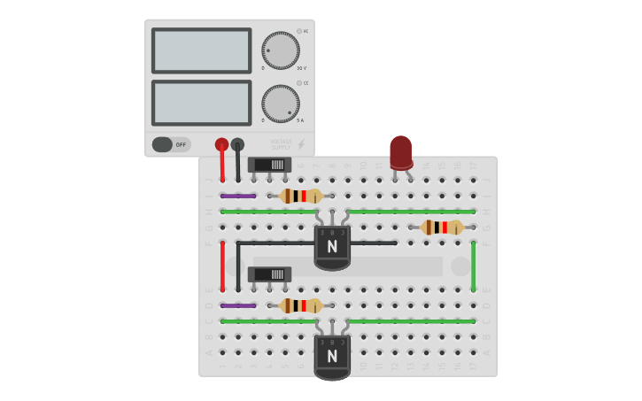 Circuit design OR logic gate made with NPN transistors - Tinkercad