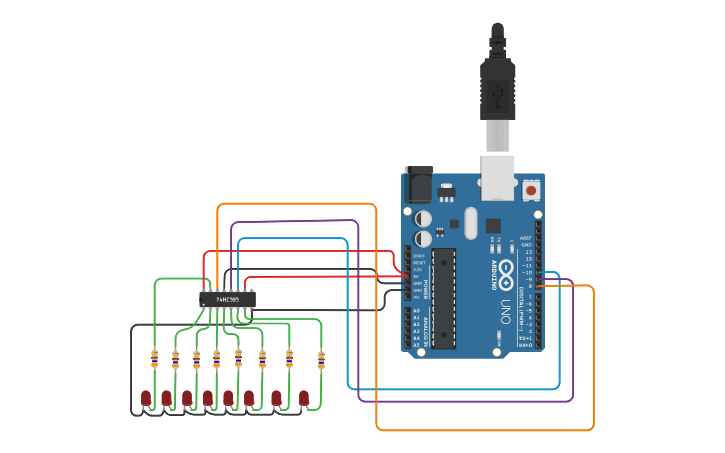 Circuit design shift Register 74hc595 - Tinkercad