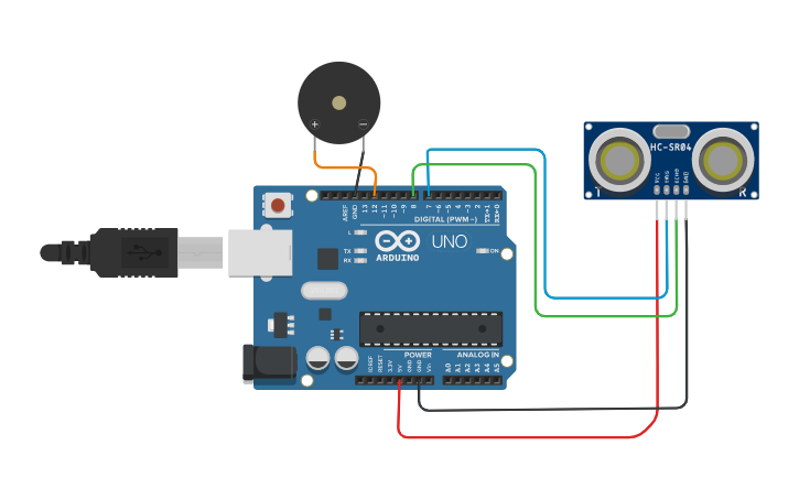 Circuit design Arduino basics: ultrasonic test - Tinkercad