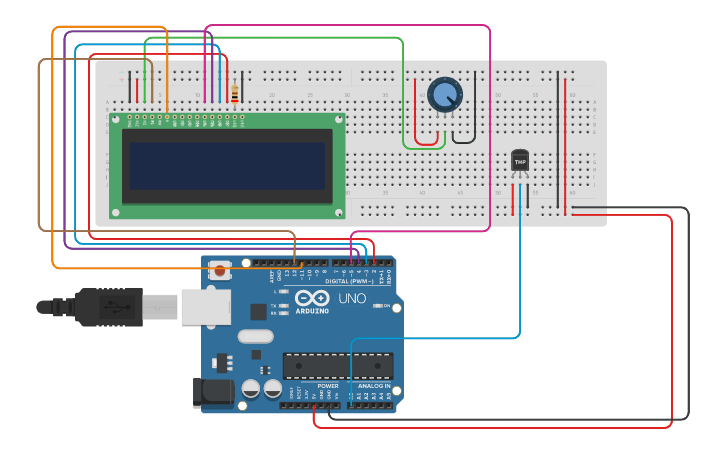 Circuit design Sensor de temperatura pantalla led - Tinkercad