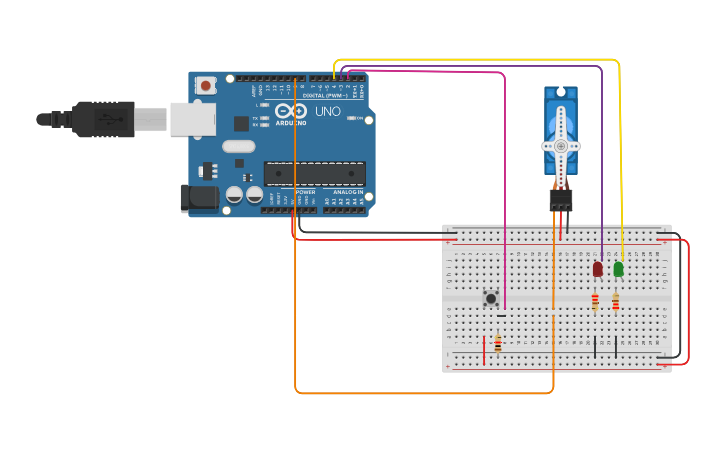 Circuit design LAB 4: TWO-COLOUR TRAFFIC LIGHT WITH BARRIER - Tinkercad