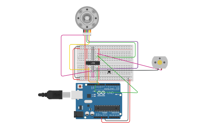 Circuit design Motor a pasos con motor cd simultáneos - Tinkercad