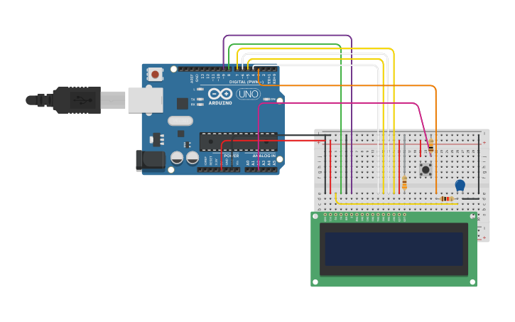 Circuit design Circuit and Code for 1602A Hurdles game - Tinkercad