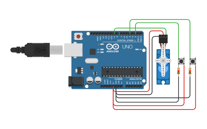 Circuit Design 4 Servo Motor Con Dos Botones Tinkercad