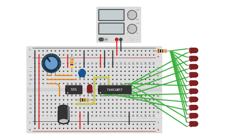 Circuit Design 555 Osilatör 4017 10 Led Tinkercad