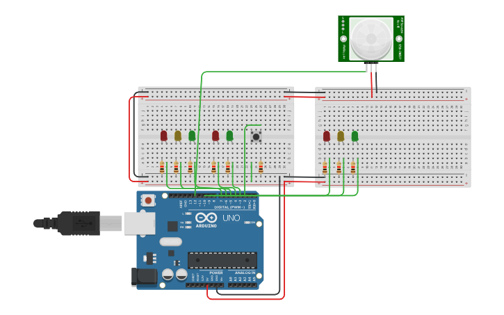 Circuit design Semaforo Completo com PIR - Tinkercad