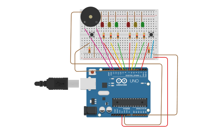 Circuit design Semaforo con interruptor de ciclo - Tinkercad
