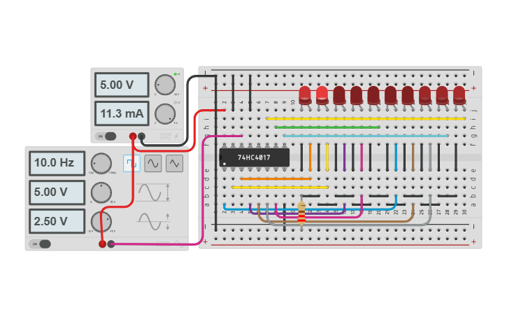 Circuit design 74hc4017 drives knight-rider-light-bar - Tinkercad