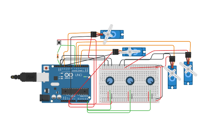 Circuit design 4 Servo Motors - Tinkercad