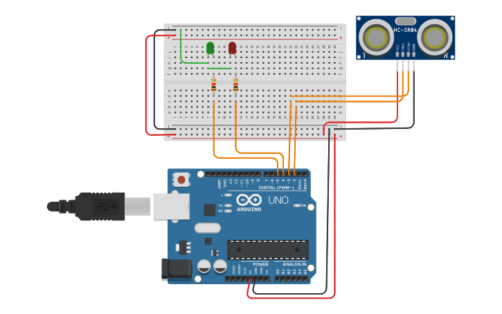 Circuit design SENSOR ULTRASONIK DAN LED - Tinkercad