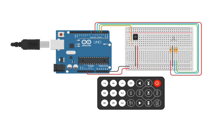 Circuit design Controling RGB LED by IR REmote - Tinkercad