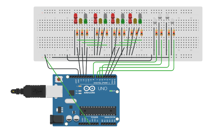 Circuit design Copy of Copy of Traffic Lights - Tinkercad