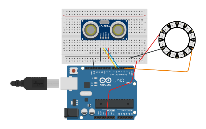 Circuit design Blink NeoPixels with Proximity Sensor - Tinkercad