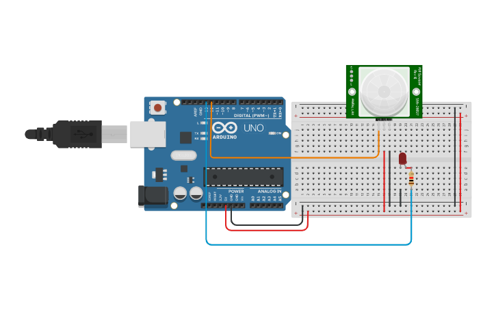Circuit design Copy of Código sensor PIR con ejemplo (led) - Tinkercad