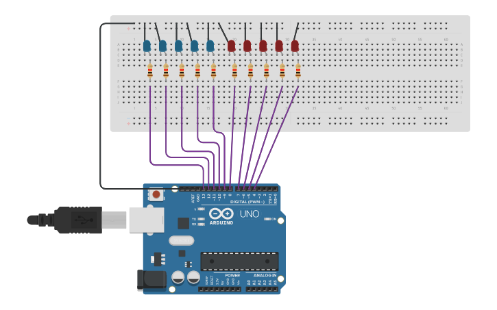 Circuit design G2 - Light 1 - 5 LED in unison then light 6 - 10 - Tinkercad