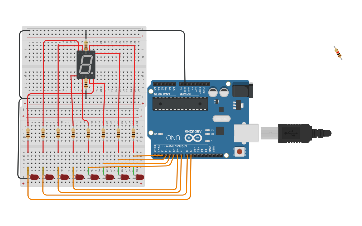 Circuit design LED and 7-segment | Tinkercad