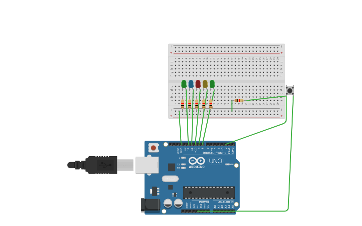 Circuit design secuencia de luces led con boton - Tinkercad