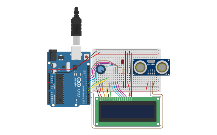 Circuit design M16_Simulation LCD 16x02 with Ultrasonic Sensor - Tinkercad