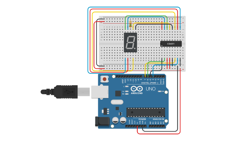 Circuit design Display de 7 Segmentos com Decodificador | Tinkercad