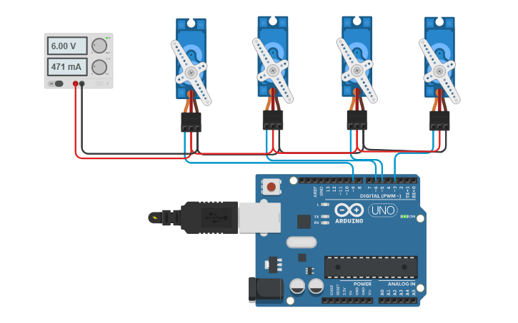Circuit Design Multiple Servo Motors Tinkercad