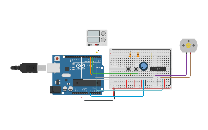 Circuit design motor dc con potenciometro y botones - Tinkercad