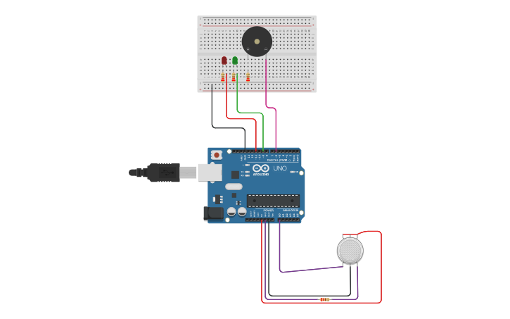 Circuit design gas leakage detector - Tinkercad