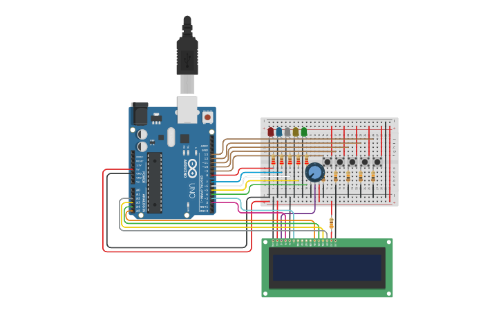 Circuit design LCD LED PUSH BUTTON Task - Tinkercad