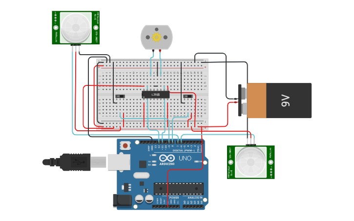 Circuit design PRACTICA 1.- PUERTA CON SENSOR DE PRESENCIA - Tinkercad