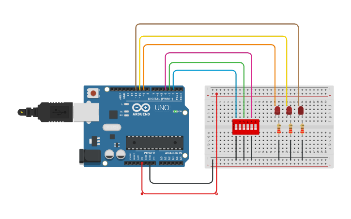 Circuit design 3 led con dip switch - Tinkercad