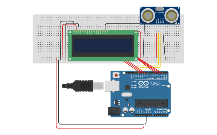 Circuit design LCD Project for Measuring Distance - Tinkercad