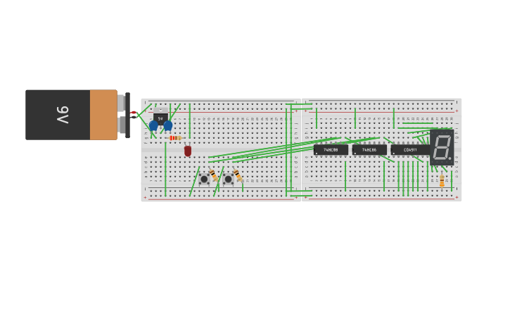 Circuit design Half Adder with 7 segment - Tinkercad