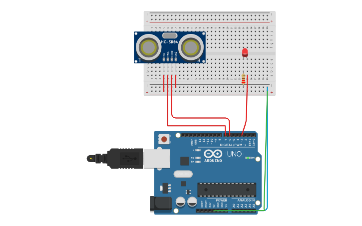 Circuit design sensor ultrasonico con luz led - Tinkercad