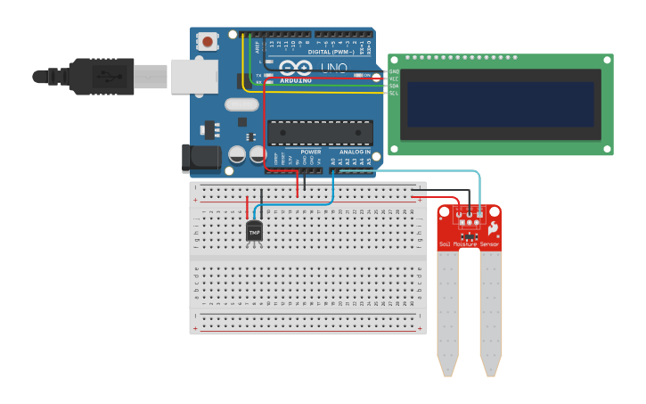 Circuit design LCD monitor/temperature+soil moisture sensor - Tinkercad