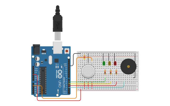 Circuit Design Gas Sensor With 3 Leds And Alarm Tinkercad