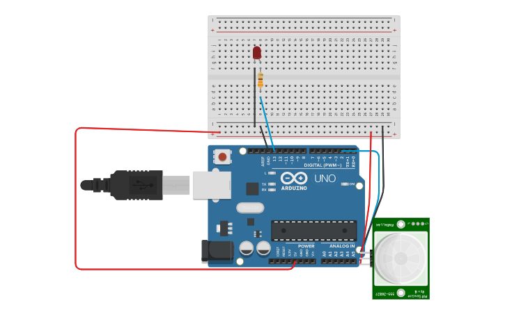 Circuit design Práctica con sensor de movimiento - Tinkercad