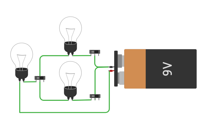Circuit design 3 Bulbs - Tinkercad