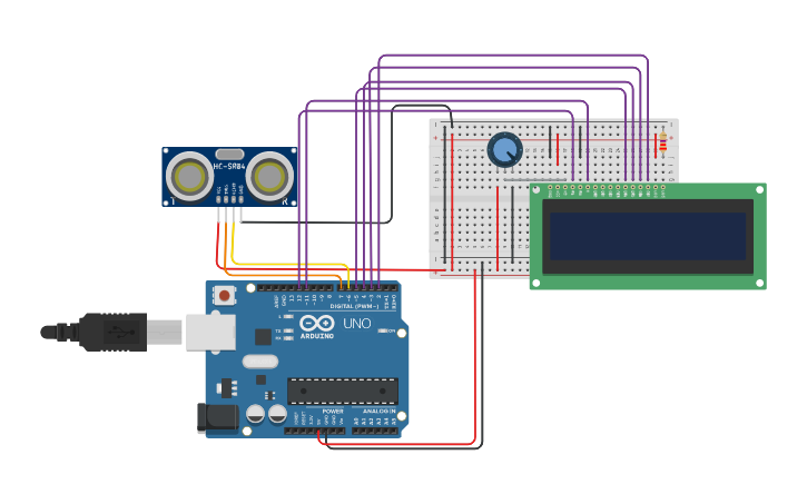 Circuit design Práctica con sensor ultrasonico - Tinkercad Circuit design Práctica con sensor ultrasonico - Tinkercad