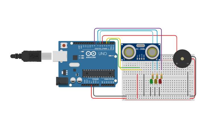Circuit design alarma con sensor ultrasonico - Tinkercad