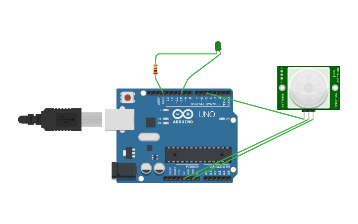 Circuit design beweging sensor - Tinkercad
