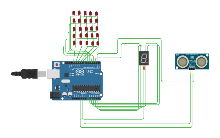 Circuit design ULTRASONIC-LED MATRIX 7SD - Tinkercad