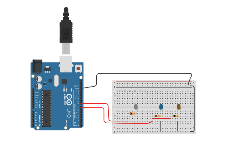 Circuit design arduino 3 luces - Tinkercad