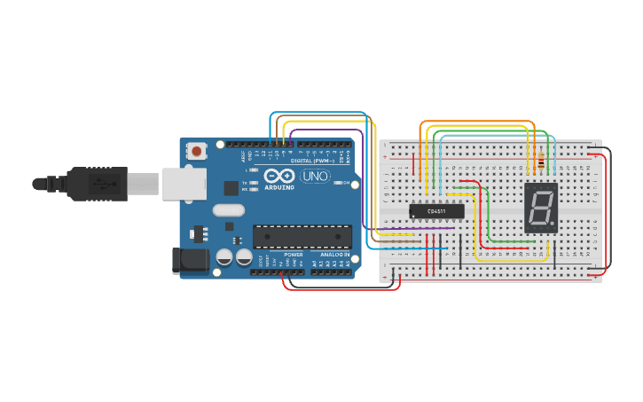 Circuit design CD4511 with 7-Segment Display with Arduino assignment 3 - Tinkercad