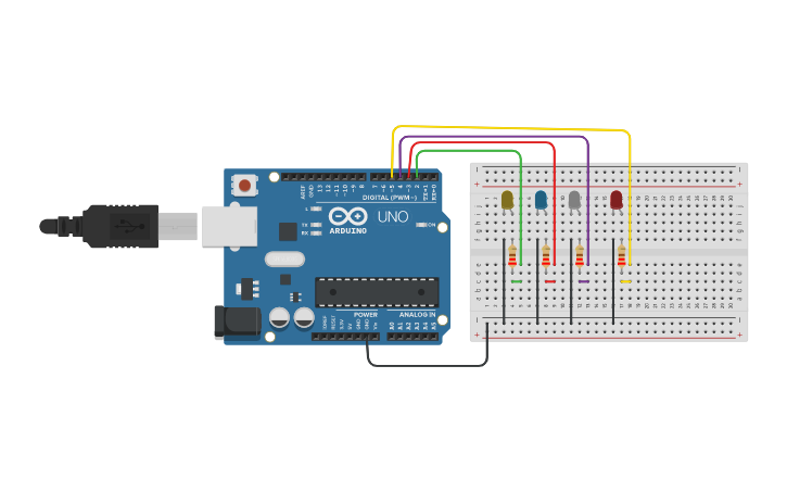 Circuit design PROYECTO 5 DE 4 LED | Tinkercad