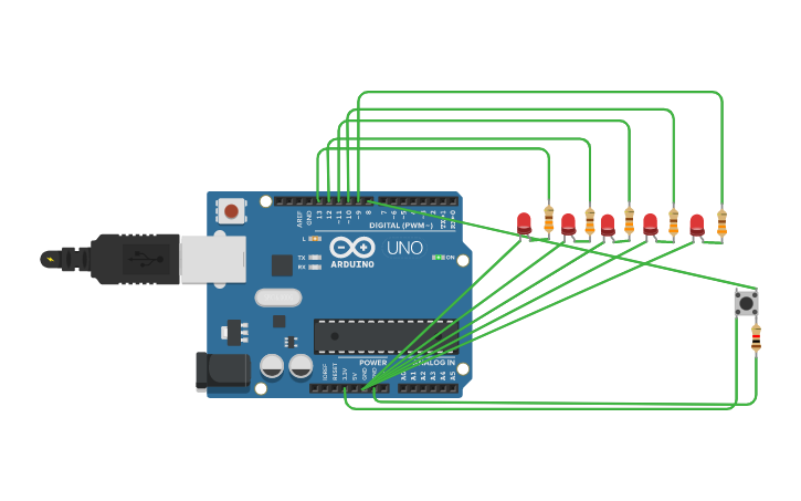 Circuit design LED BLINK AT SAME TIME but with Button - Tinkercad