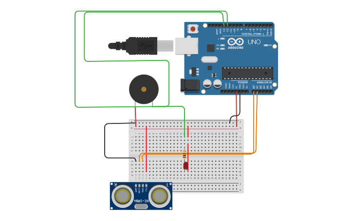 Circuit design Sensor de distancia con sonido y led - Tinkercad