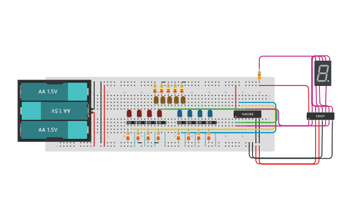 Circuit design 4-bit adder with 7 segment display - Tinkercad