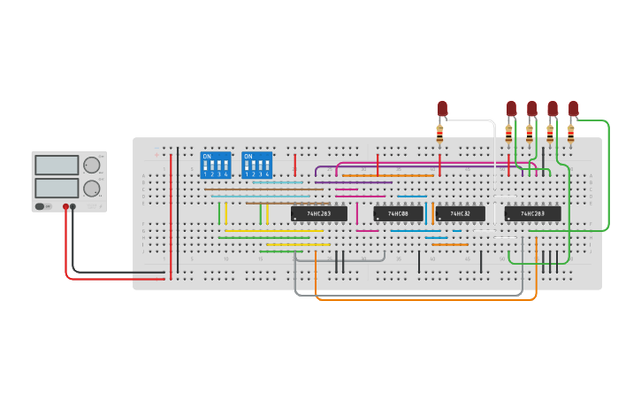 Circuit design ST-Expt 3a BCD Adder | Tinkercad