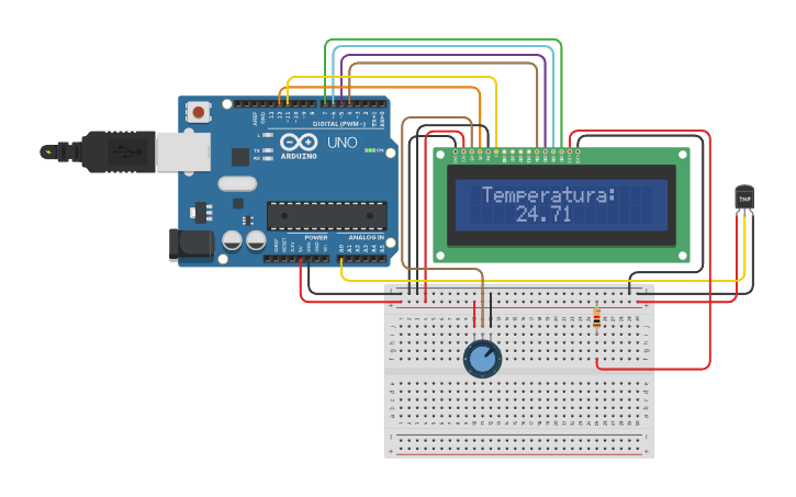 Circuit design Integração sensor tmp e LCD - Tinkercad